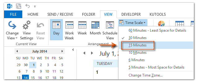 How to change time increments of calendars in Outlook?