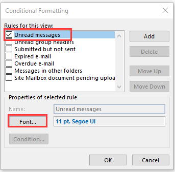 How to change the font color of unread message in Outlook?