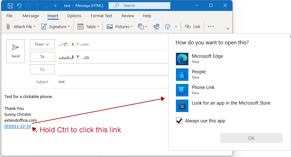 Outlook: How to add a clickable phone number in email signature