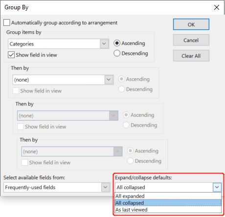 How to collapse or expand all color categories by default in Outlook?
