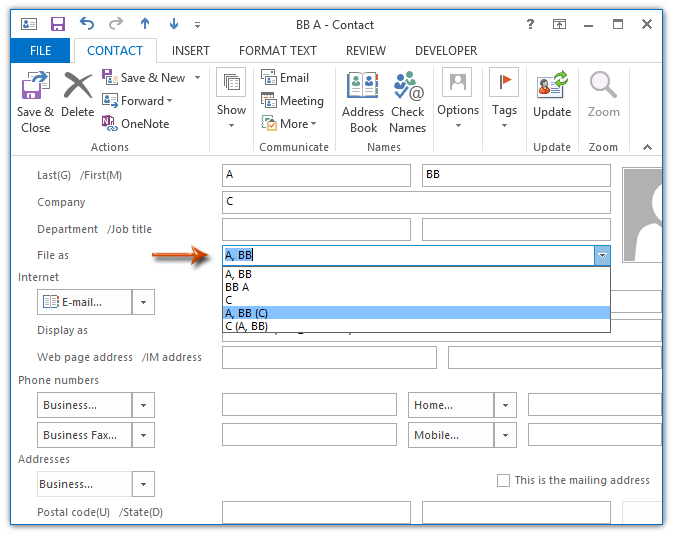 How to save contact file as first last name or company in Outlook?