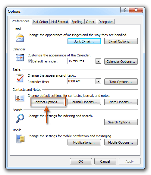 How to save contact file as first last name or company in Outlook?