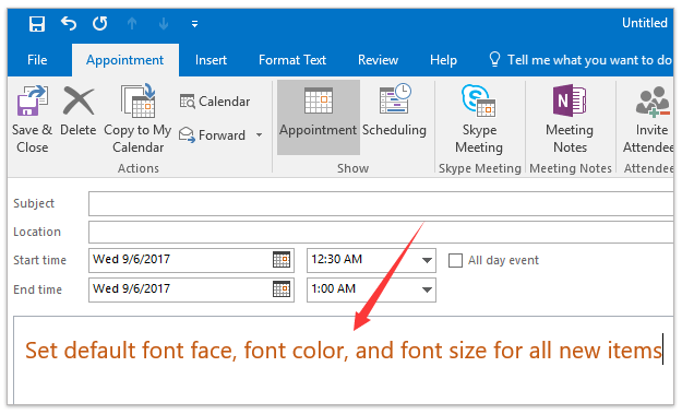 How to set default font (face, size, and color) for new message in Outlook?