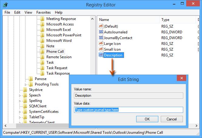 How to change default journal entry type in Outlook?