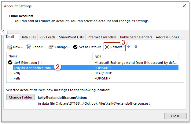 How to delete an email account in Outlook?