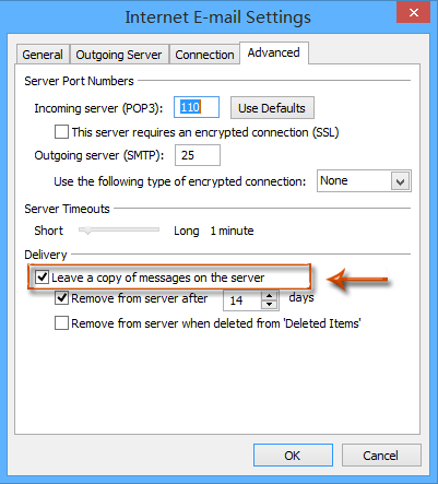 How to leave copy of email messages on server in Outlook?