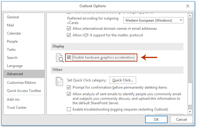 How to disable hardware graphics acceleration in Outlook?
