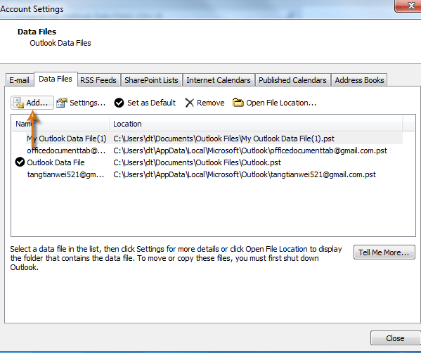 How to add, close and remove data file in Outlook?