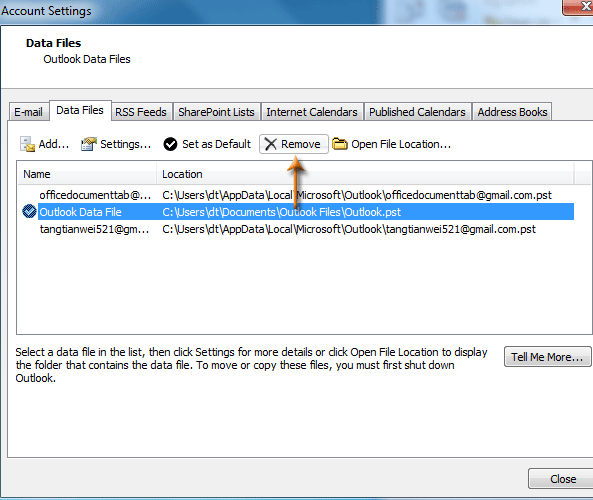 How to add, close and remove data file in Outlook?