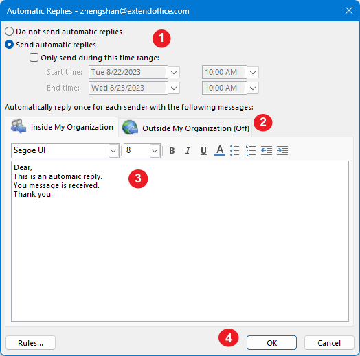 How to set up auto reply (out of office) in outlook?