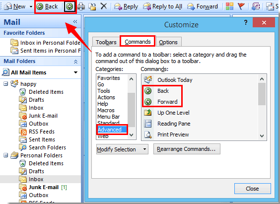 How to add Back and Forward buttons to Outlook ribbon?