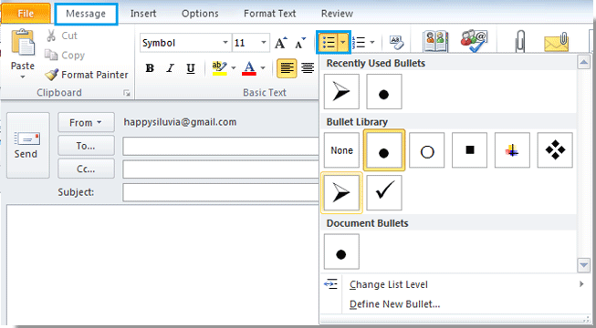How to change bullet style and color in Outlook?