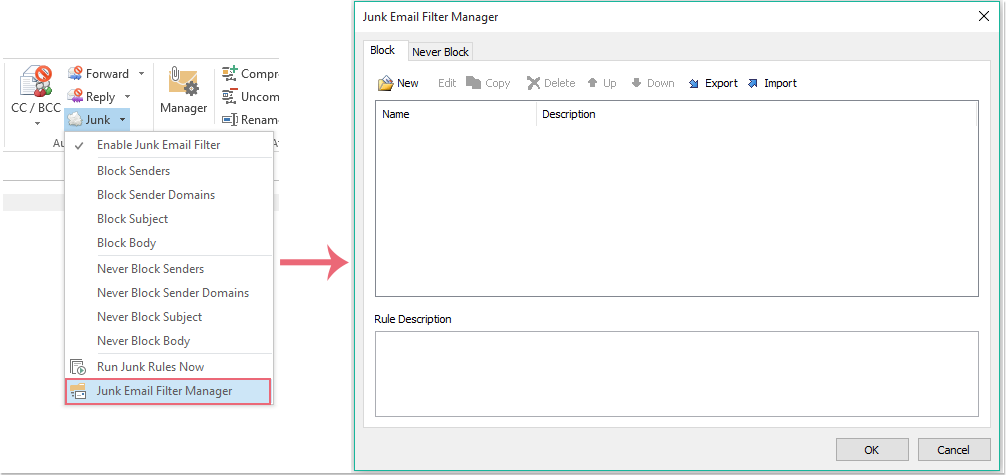 How to configure junk e-mail filter settings in Outlook?
