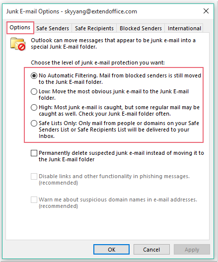 How to configure junk e-mail filter settings in Outlook?