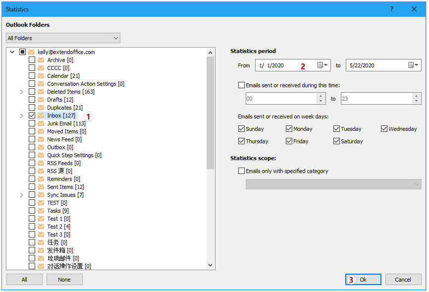 How to count total number of incoming emails per day in Outlook?