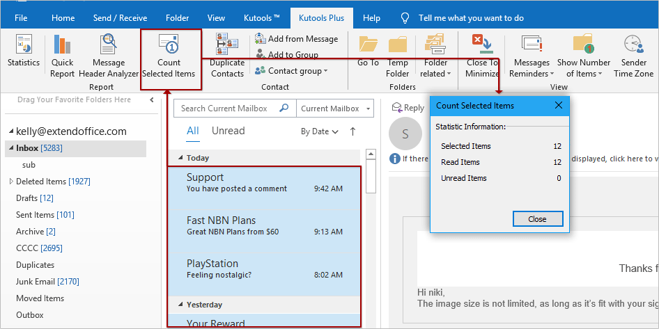 How to count total number of incoming emails per day in Outlook?