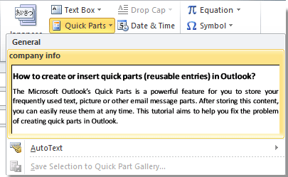 How to create or insert quick parts (reusable entries) in Outlook?