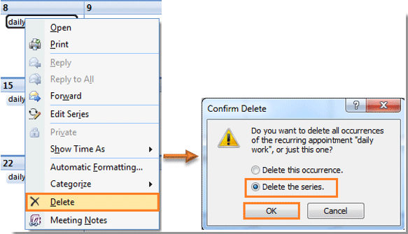 How to delete or remove recurring appointments in Outlook？