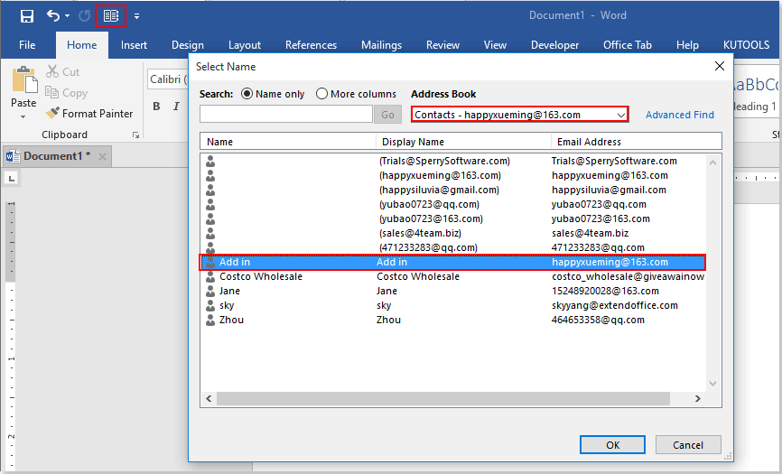 How to export or insert contacts details to Word in Outlook?