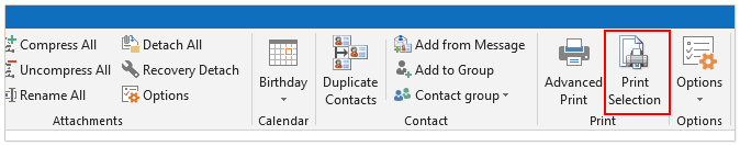 How to print a selection of an email in Outlook?