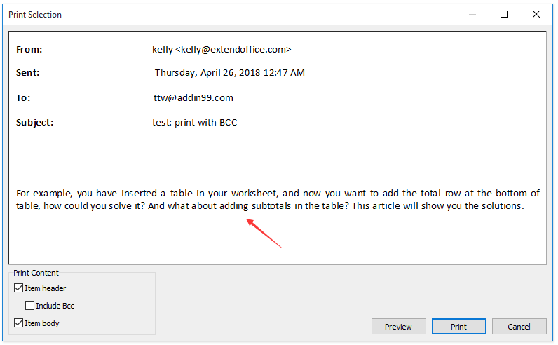 How to print a selection of an email in Outlook?
