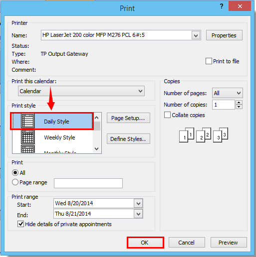 How to print daily calendar in Outlook?