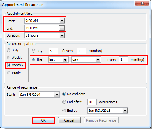 How to set recurrence reminder for last day of every month in Outlook?