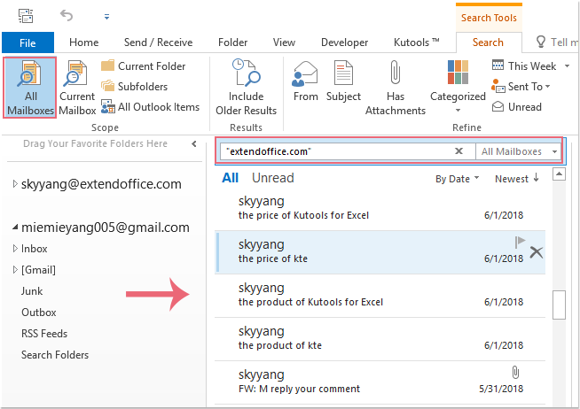 How to quickly search all emails by selected email domain in Outlook?