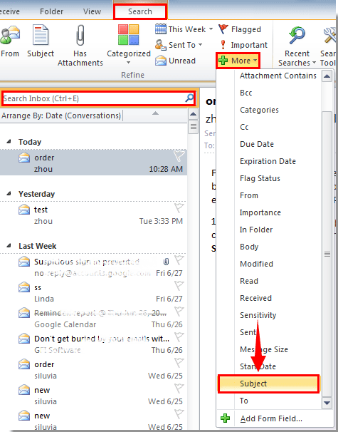 How to search subject line only in Outlook?