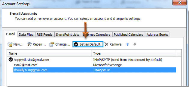 How to set an email account as the default account in Outlook?