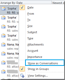 How to show or view email messages by conversations in Outlook?