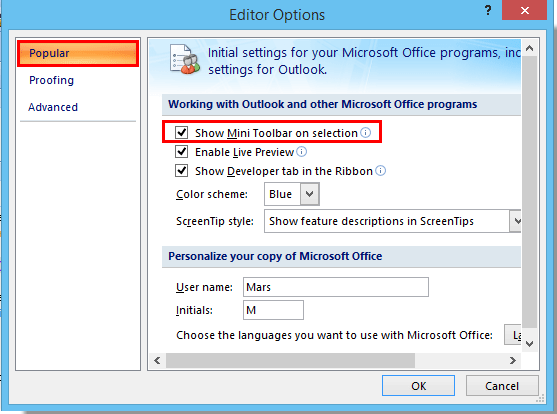How to show mini toolbar on selection in Outlook?