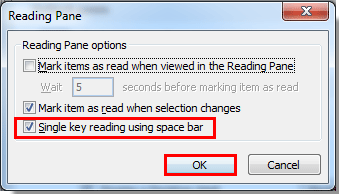 How to use space bar as single key reading in Outlook?