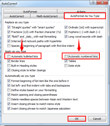 How to turn off auto bullet or numbering in Outlook?