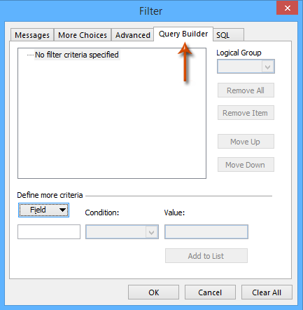 How to enable query builder for advanced filter/search in Outlook?