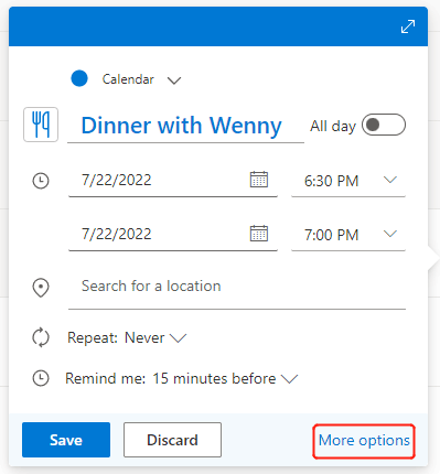 How to set an email reminder for an Outlook event?
