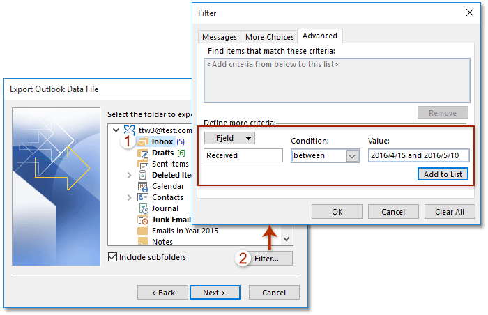 How to export emails by date range to Excel file or PST file in Outlook?