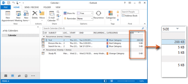 Outlook: find out large appointments with sorting by size