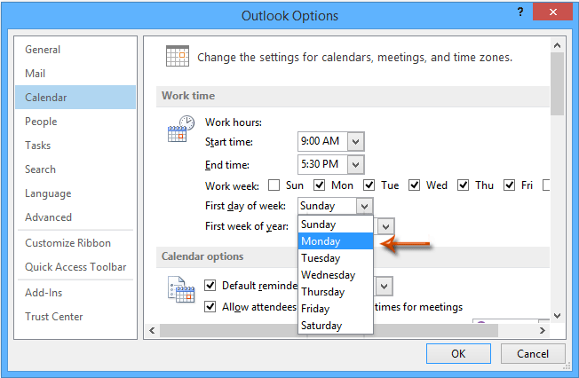 How to show Calendar from Monday to Sunday in Outlook?