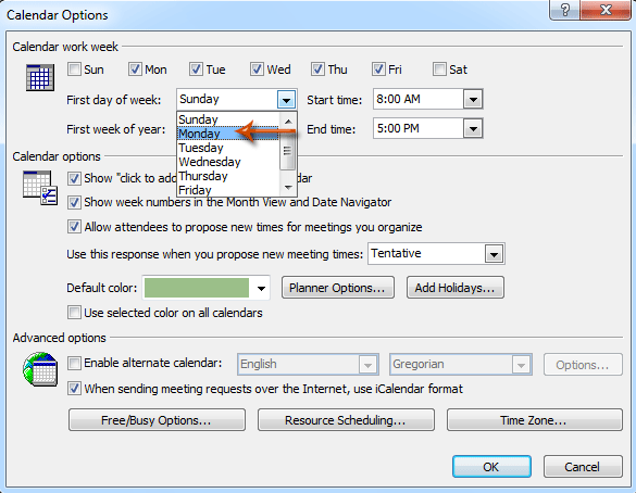 How to show Calendar from Monday to Sunday in Outlook?