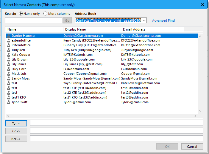 How to hide fax number in Select Names List in Outlook?