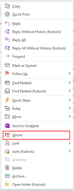 How to ignore all email messages in a conversion and recover in Outlook?