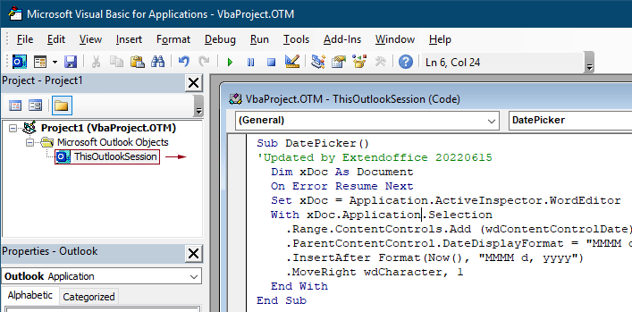 How to insert a date picker in emails in Outlook?