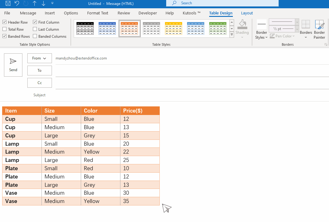 How to insert and format a table in email template in Outlook?