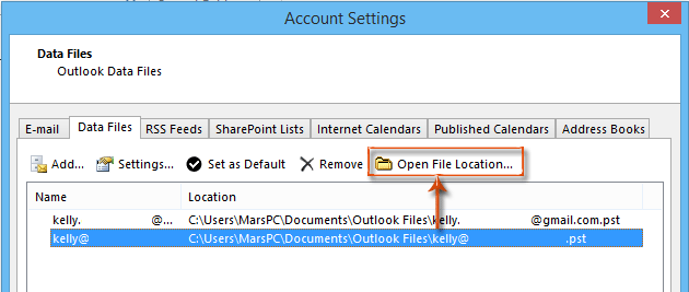 How to locate .pst or .ost files in Outlook?