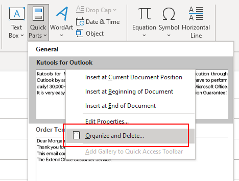 How to Modify or Delete Multiple Quick Parts and AutoText in Outlook?