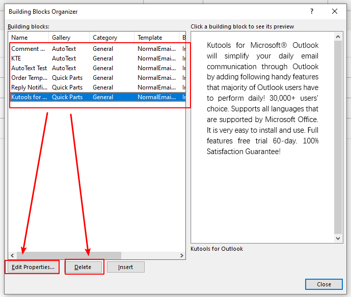 How to Modify or Delete Multiple Quick Parts and AutoText in Outlook?
