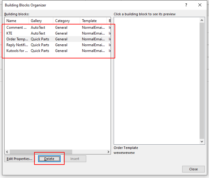 How to Modify or Delete Multiple Quick Parts and AutoText in Outlook?
