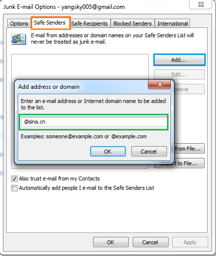 How to add sender domain to safe senders list in Outlook?