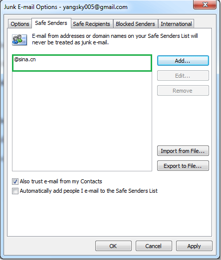 How to add sender domain to safe senders list in Outlook?